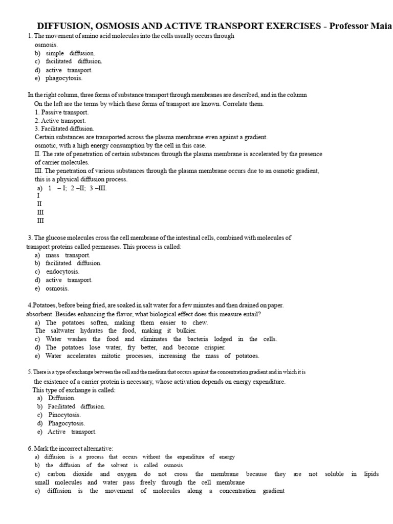Exercises On Diffusion, Osmosis, and Active Transport | PDF | Cell ...