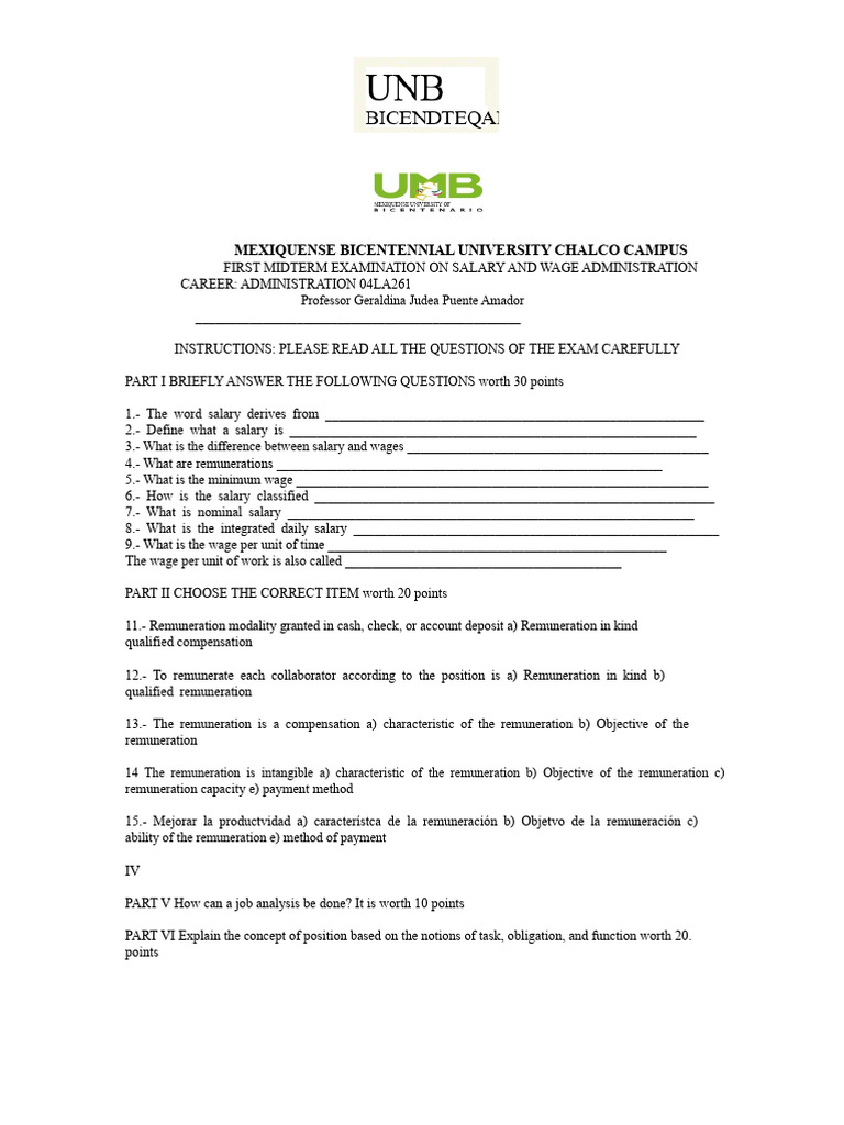 First Midterm Examination Salaries and Wages 04la261 | PDF
