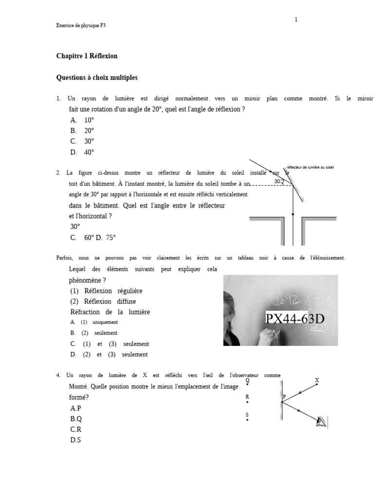 Exercice de physique : Réflexion et miroirs | PDF | Réfraction | Masse