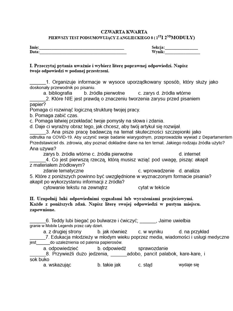 23 Pierwsza Ocena Podsumowująca 4. Kwartal | PDF