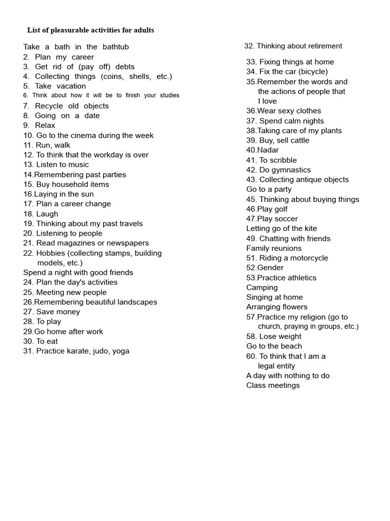 List of Pleasurable Activities For Adults | PDF