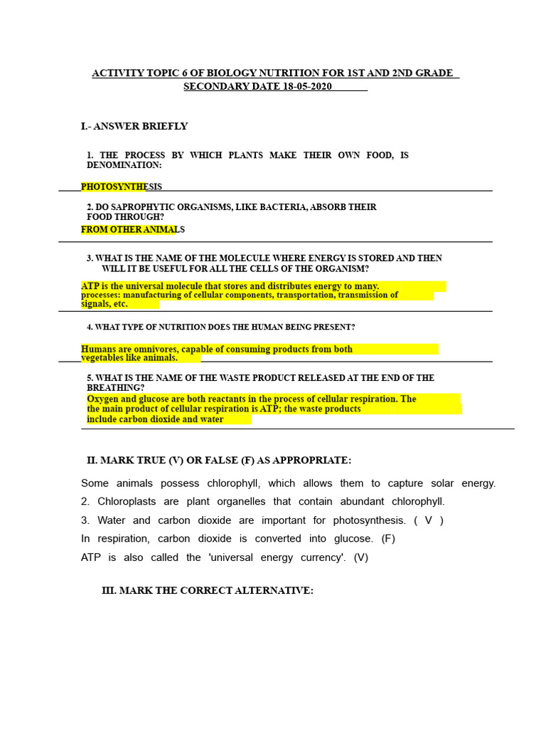 Activity Theme 6 of Biology Nutrition For 1ST and 2ND of High School ...