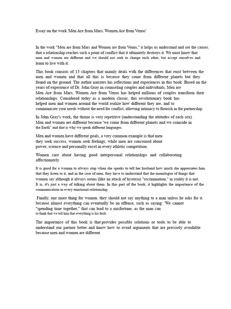 Essay The Work Men Are From Mars and Women Are From Venus | PDF | Love ...
