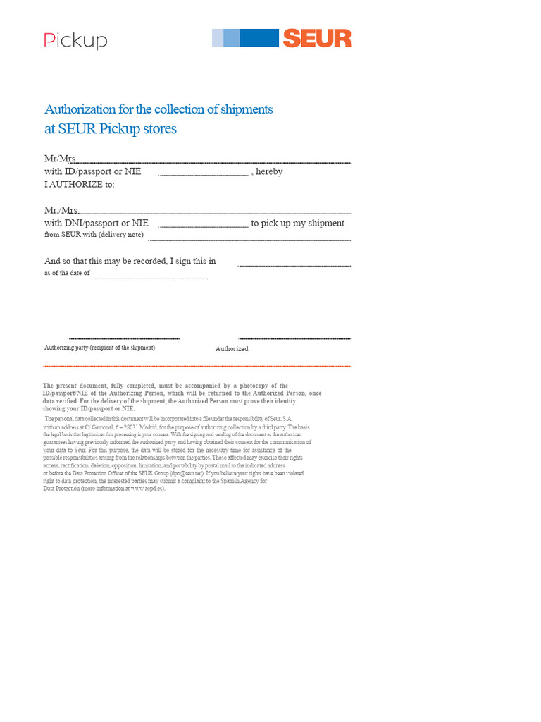 Authorization Seur Pickup 1 - 1687180131 | PDF