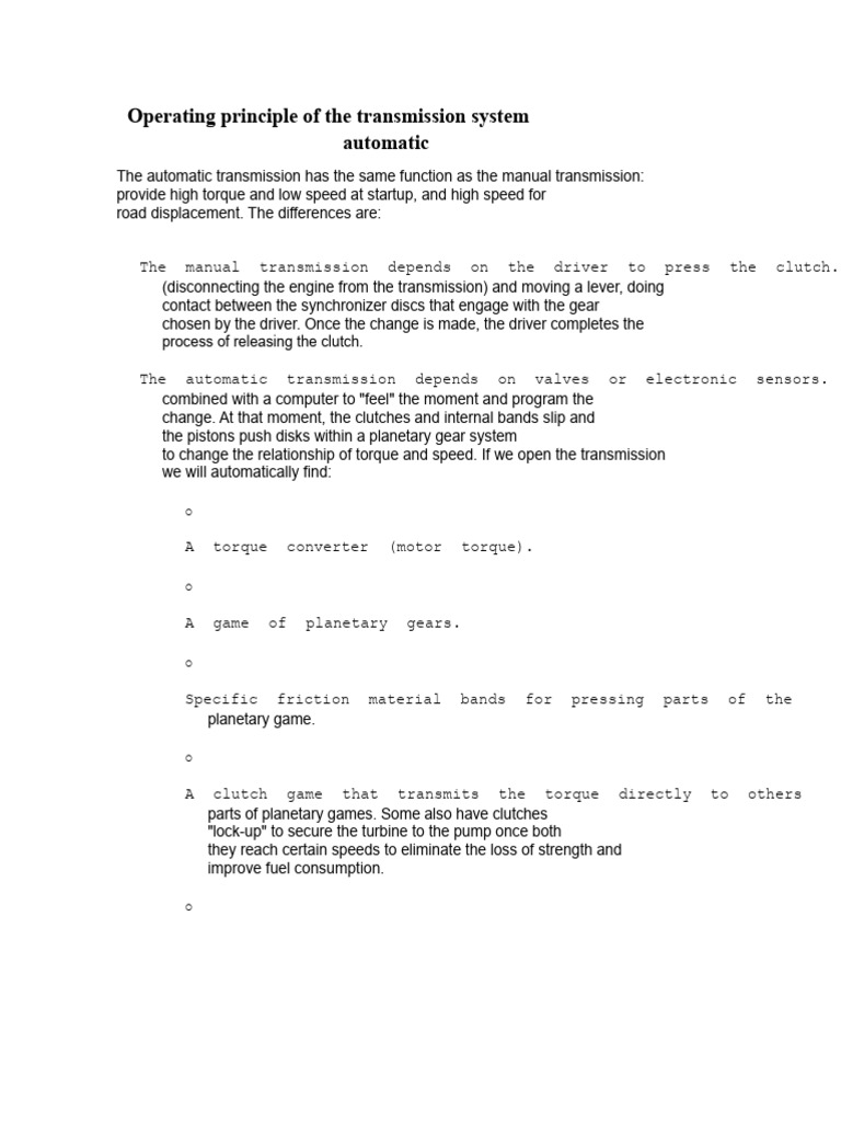 Principle of Operation of The Automatic Transmission System | PDF ...