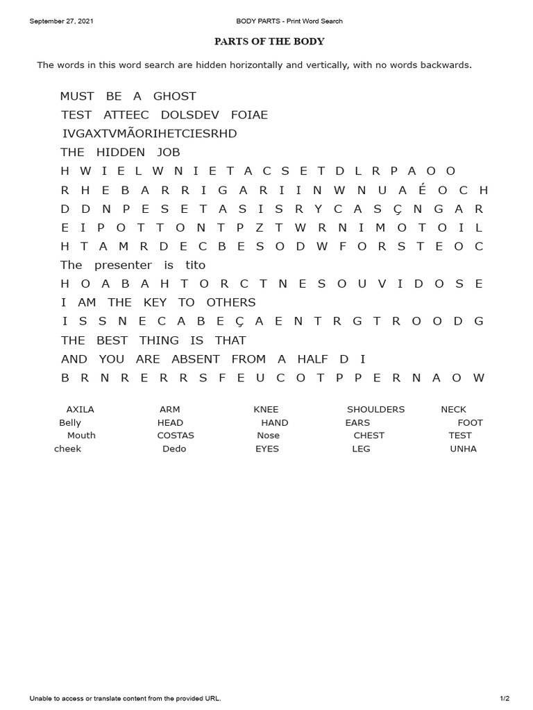 Word Search Body Parts | PDF