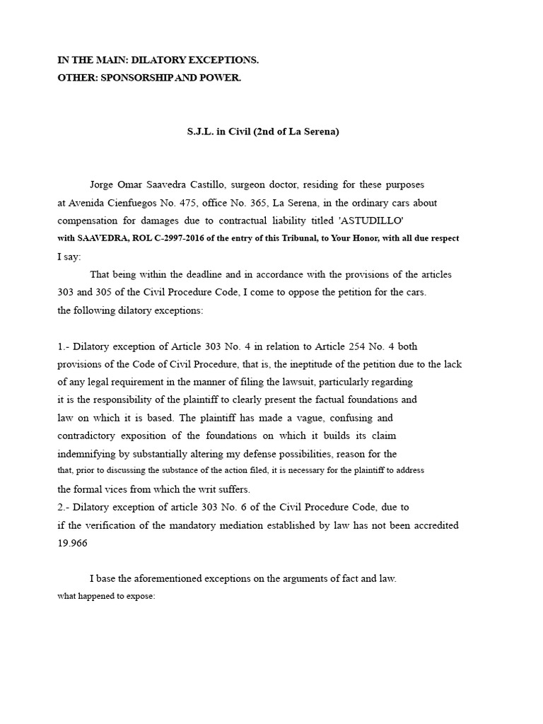 Model - Opnone Dilatory Exceptions | PDF | Lawsuit | Negligence