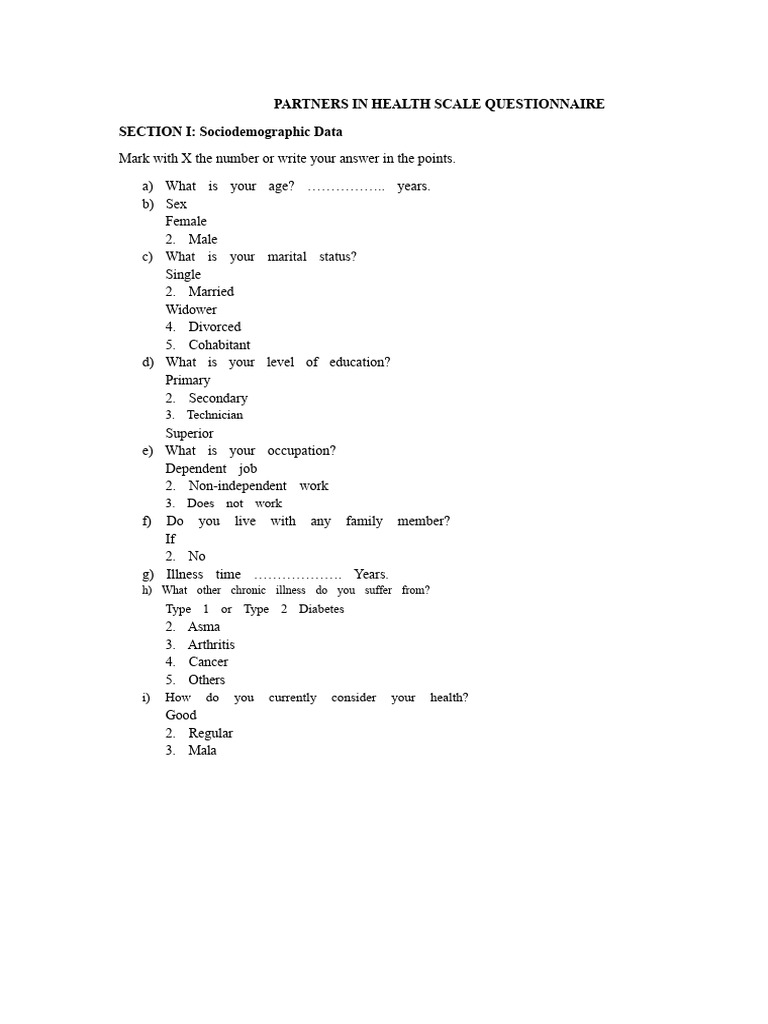Partners in Health Scale Questionnaire | PDF | Health Care | Medicine
