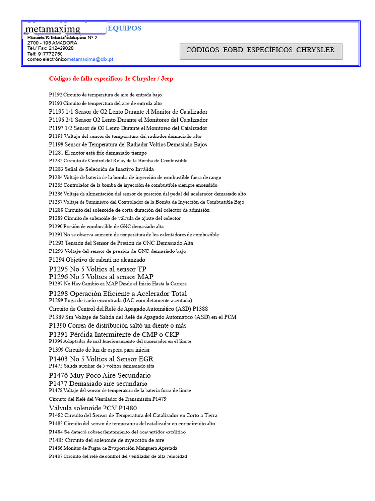 Códigos EOBD CHRYSLER - JEEP | PDF | Inyección de combustible | Relé