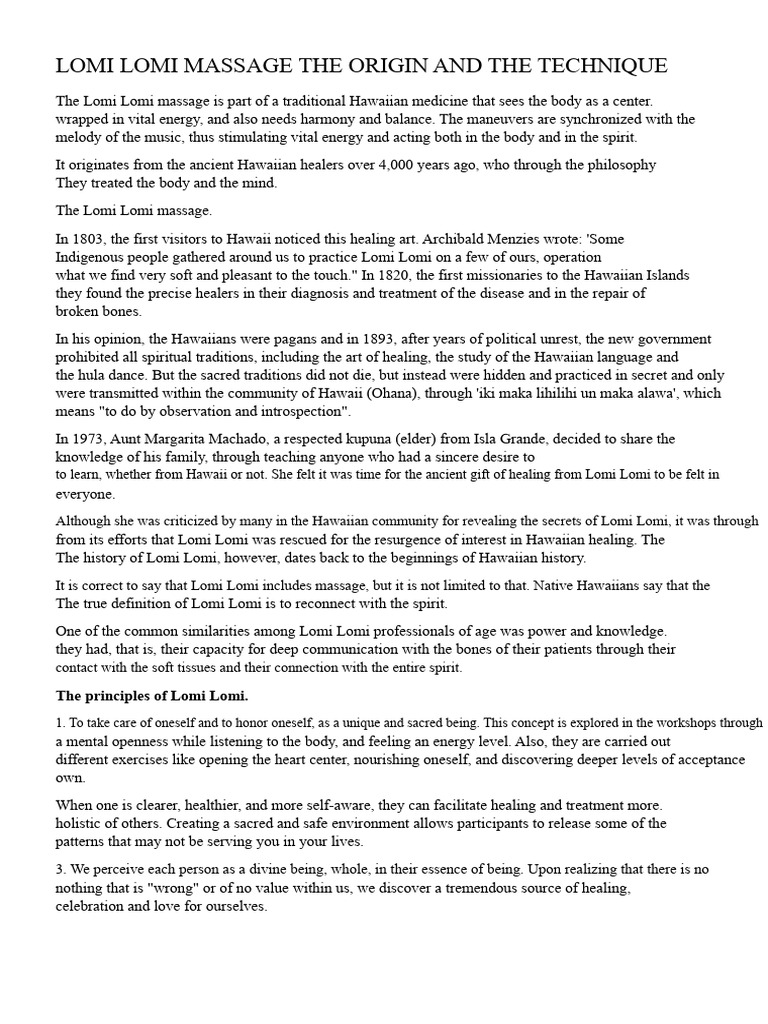 LOMI LOMI MASSAGE: THE ORIGIN AND THE TECHNIQUE | PDF | Massage