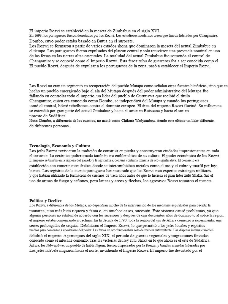 El Imperio Rozvi Se Estableció en La Meseta de Zimbabue en El Siglo ...