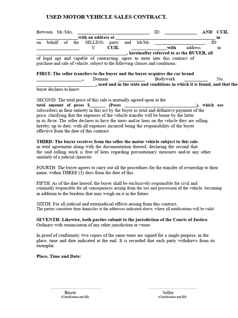 Used Vehicle Sales Contract | PDF | Sales | Prices