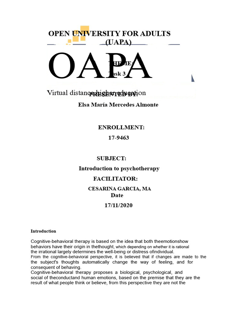 Task 3 of Introduction To Psychotherapy Elsa | PDF | Behaviour Therapy ...