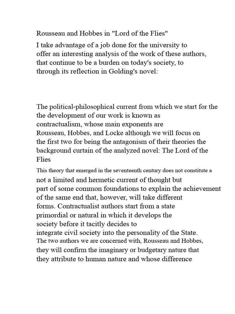 Rousseau vs. Hobbes in Lord of the Flies | PDF | Social Contract | Jean ...