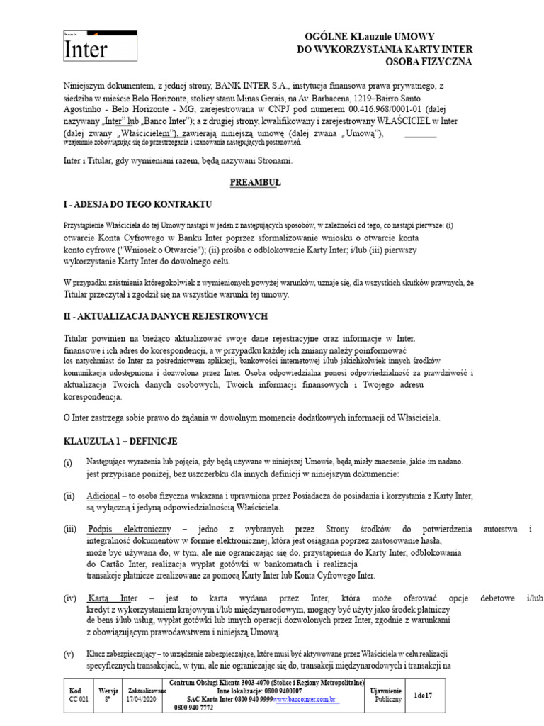 Termin Karty Bankowej Inter | PDF