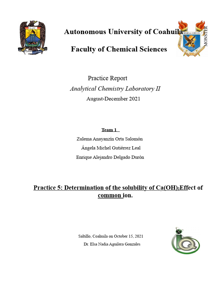 Practice 5: Determination of the solubility of Ca(OH)2. Effect of the ...