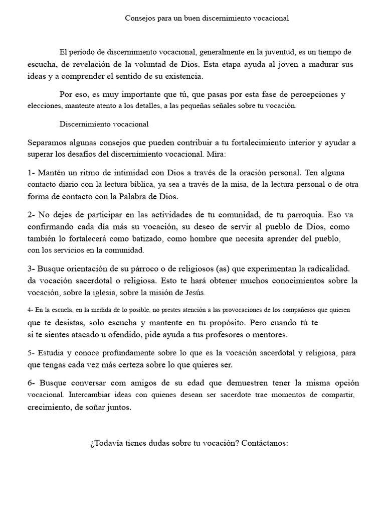 Consejos para Un Buen Discernimiento Vocacional | PDF | eucaristía ...
