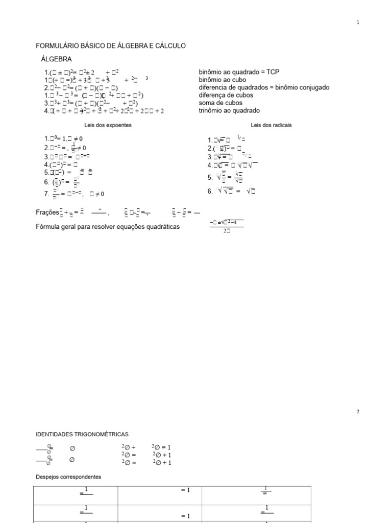 Formulário de Álgebra | PDF | Derivado | Logaritmo