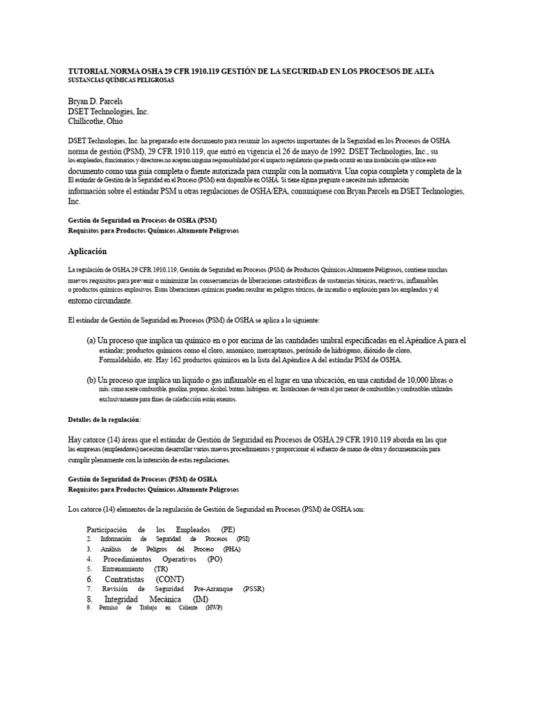 Norma OSHA (PSM), 29 CFR 1910.119 - PSM de Productos Químicos Altamente ...