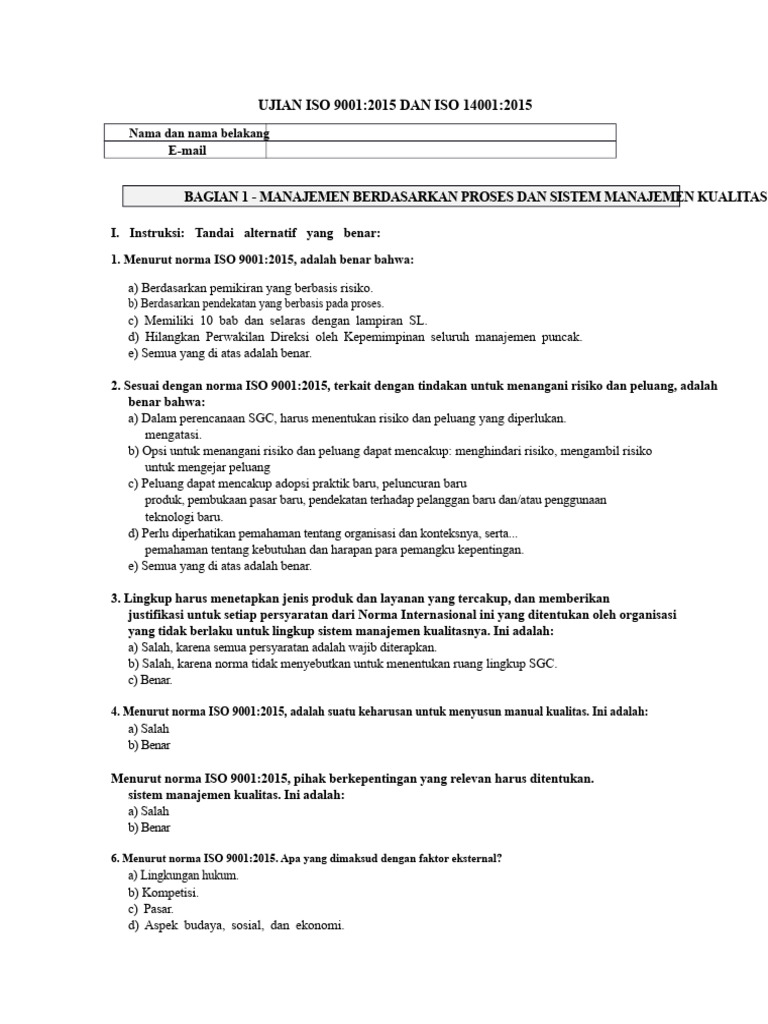 Ujian Di Iso 9001-2015 Dan Iso 14001-2015 | PDF