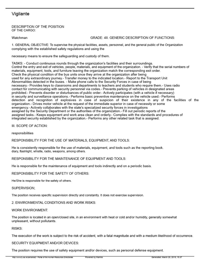Vigilante Job Description and Duties | PDF | Security Guard