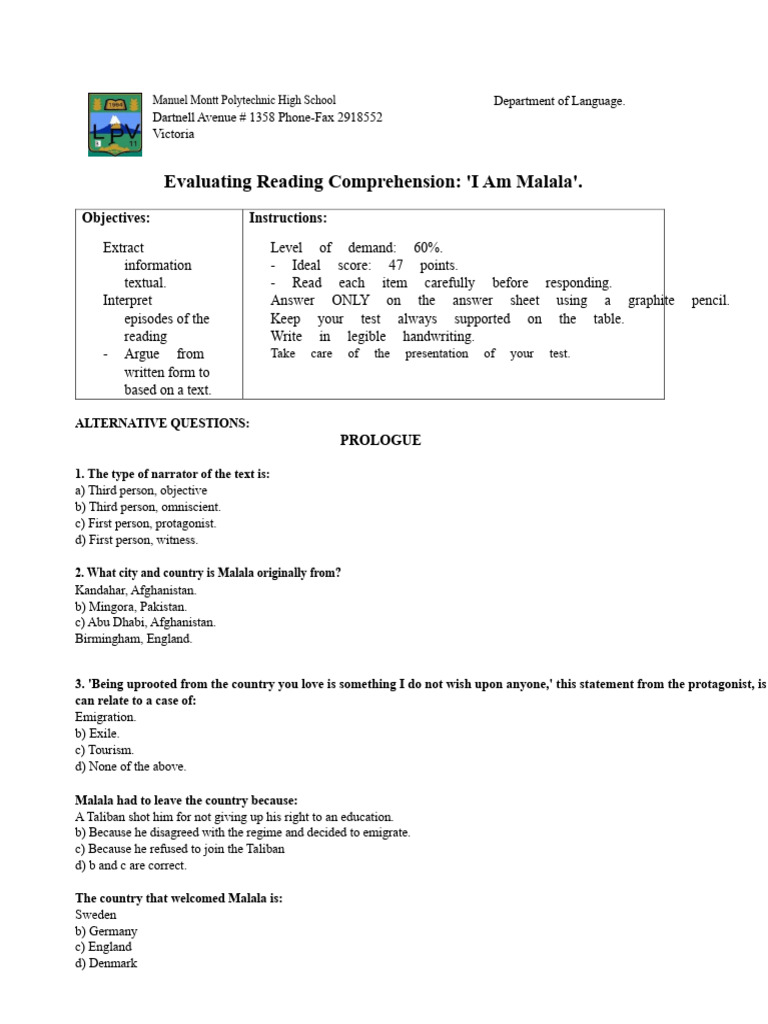 Reading Comprehension: "I Am Malala" Test | PDF | Malala Yousafzai