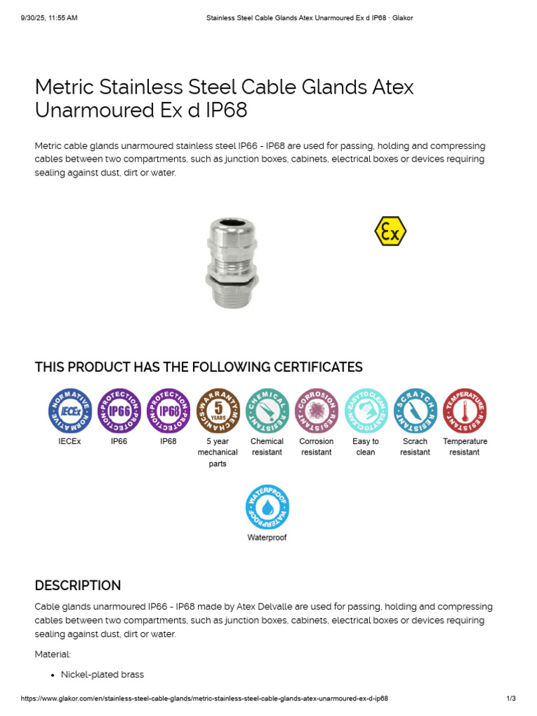 Stainless Steel Cable Glands Atex Unarmoured Ex d IP68 · Glakor | PDF ...