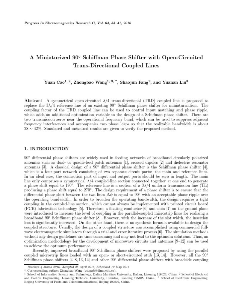 A Miniaturized 90 Schiffman Phase Shifter With Open-Circuited Trans ...