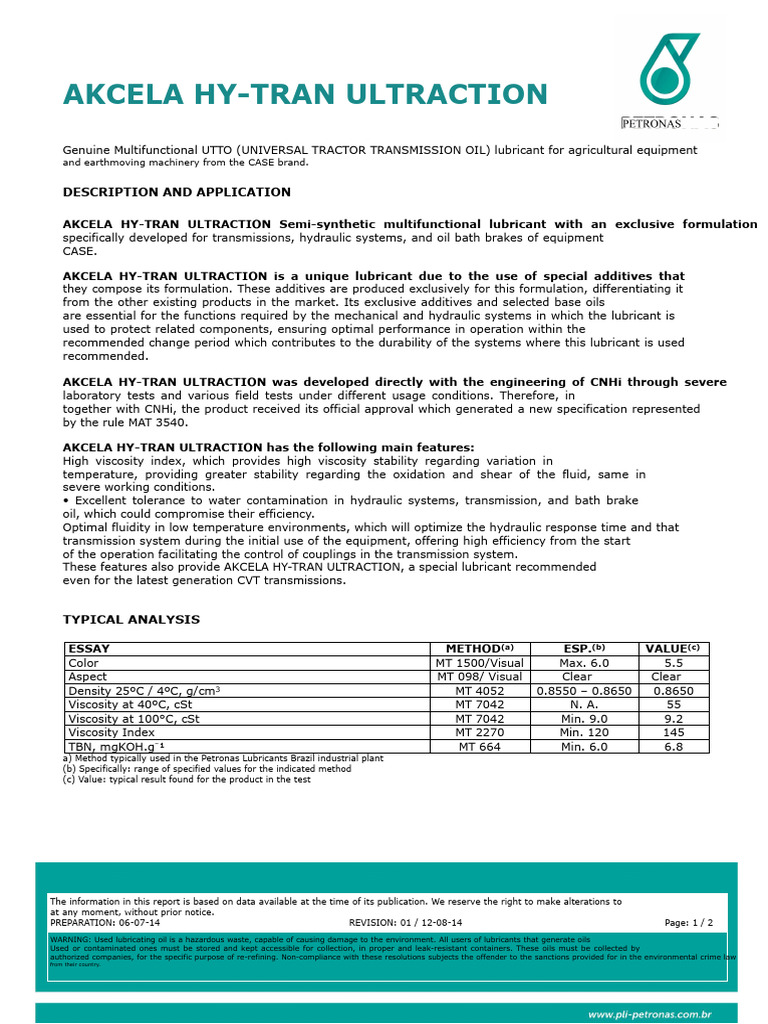 Akcela Hy-Tran Ultraction Overview | PDF | Lubricant | Viscosity