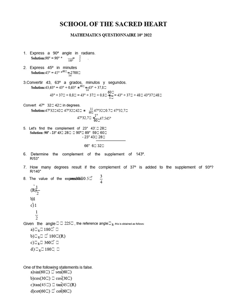 10-Mathematics Questionnaire-10 | PDF | Trigonometric Functions | Perpendicular