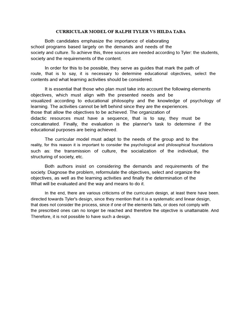 Tyler vs. Taba: Curriculum Models Explained | PDF