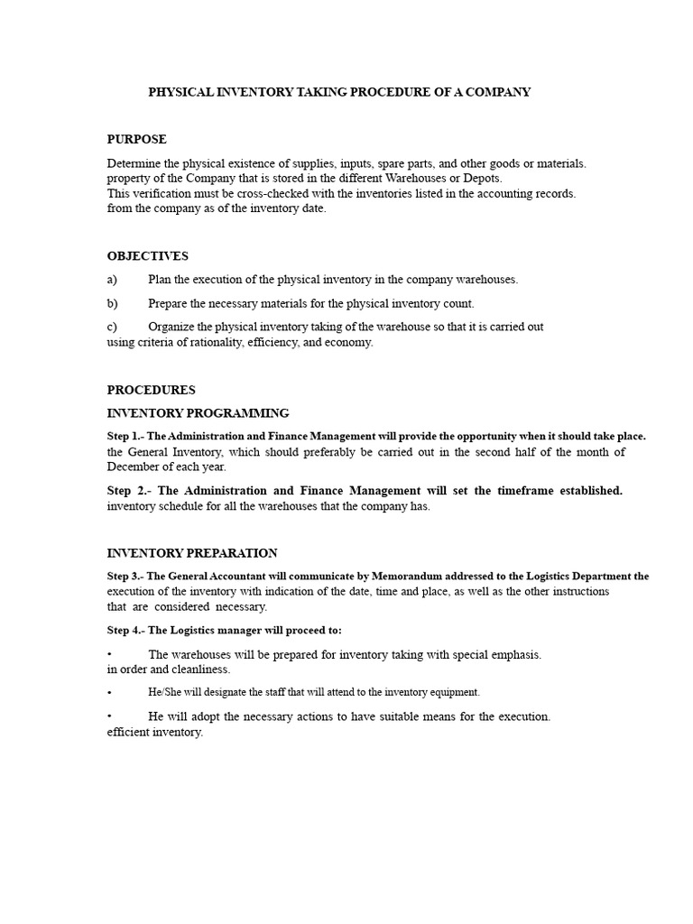 Procedure For Physical Inventory Taking of A Company | PDF | Inventory ...