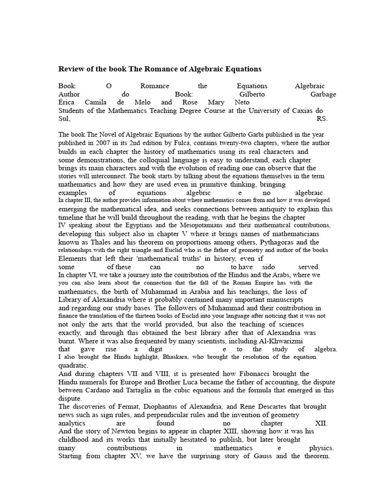 Review of The Book The Romance of Algebraic Equations | PDF ...