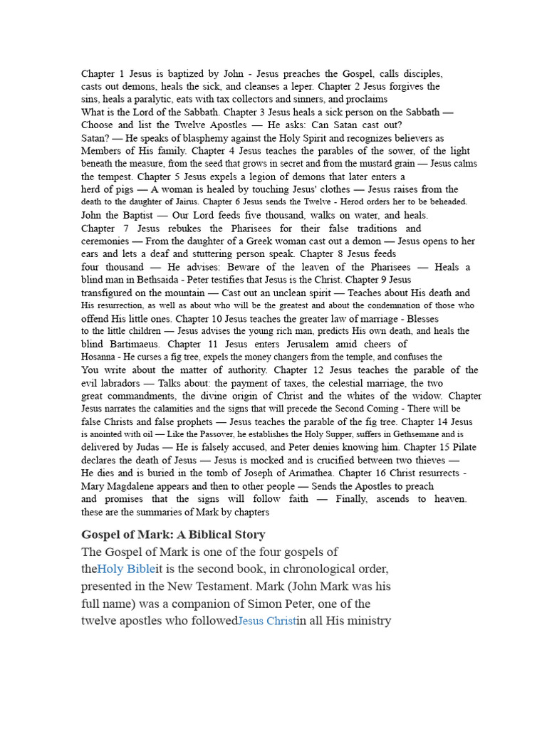 Chapter Summaries of the Gospel of Mark | PDF | Jesus | Gospel Of Mark