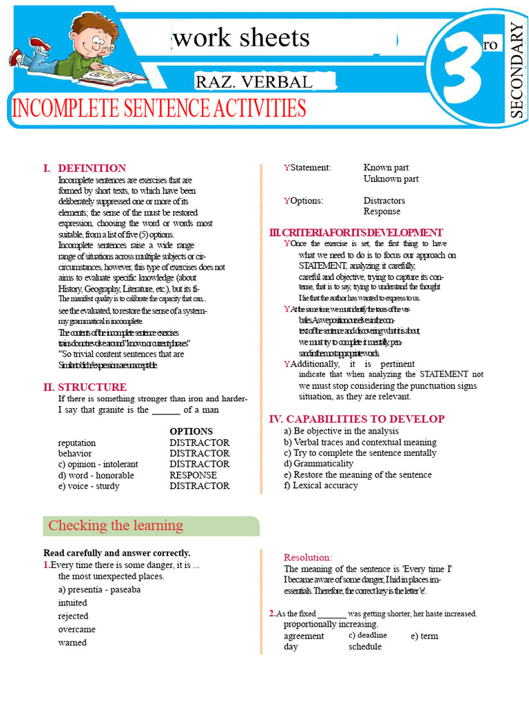 Incomplete Sentence Activities For Third Grade of Secondary School ...