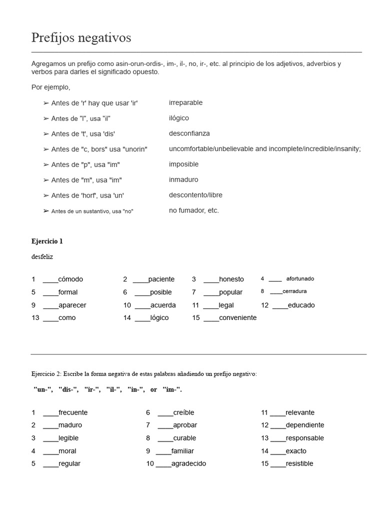 Prefijos Negativos Con Respuestas | PDF | Tipología Lingüística | Gramática
