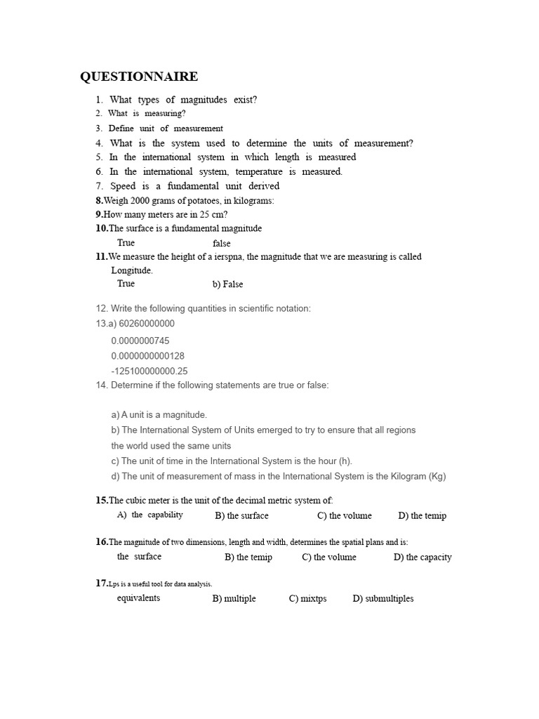 QUESTIONNAIRE physical quantities | PDF | International System Of Units | Measurement