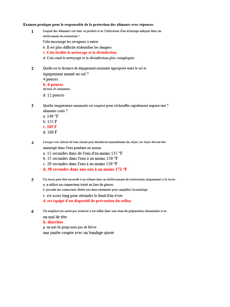 Examen de Pratique Pour Le Gestionnaire de Protection Des Aliments Avec ...