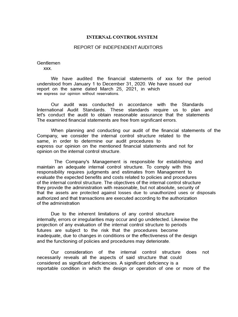 Internal Control Report Format | PDF | Internal Control | Audit