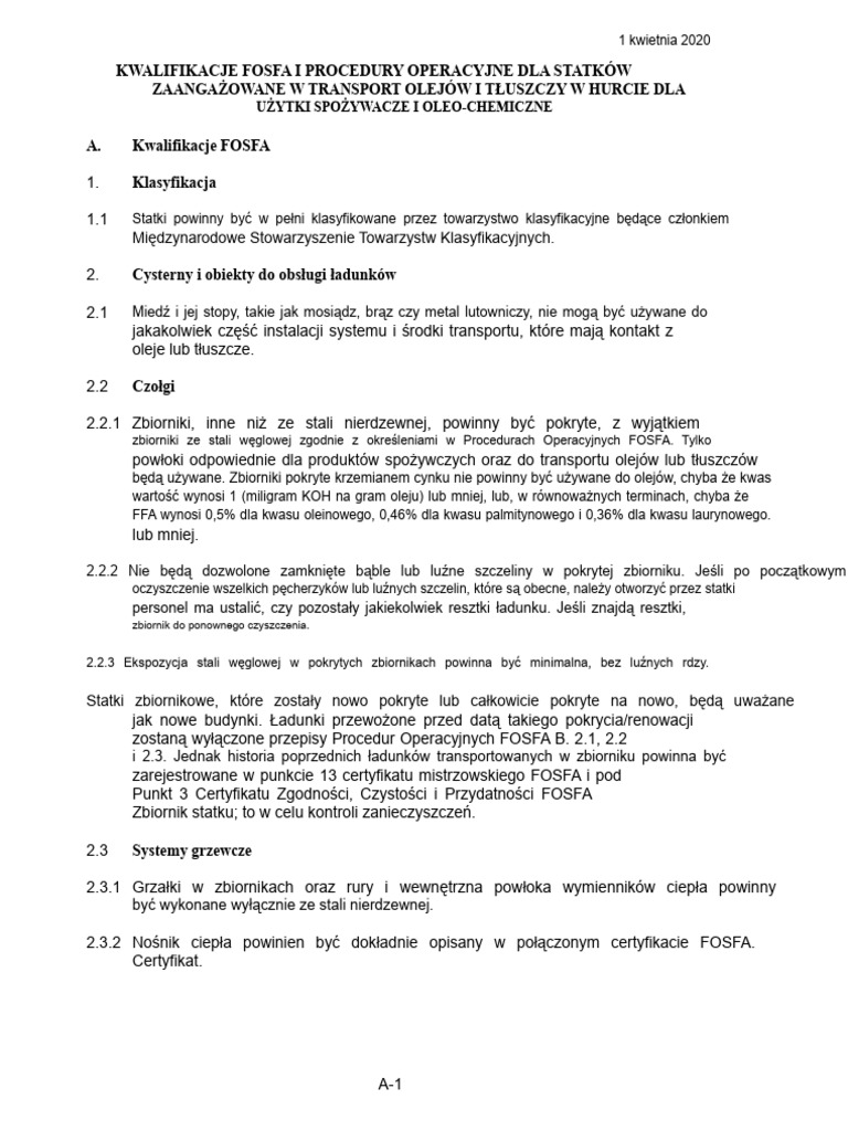 Kwalifikacje I Procedury Operacyjne FOSFA 2020 | PDF