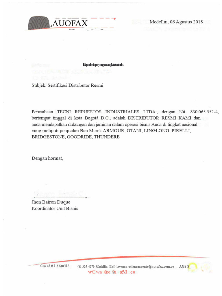 Sertifikasi Distributor Resmi Ban ARMOUR dan Lainnya | PDF