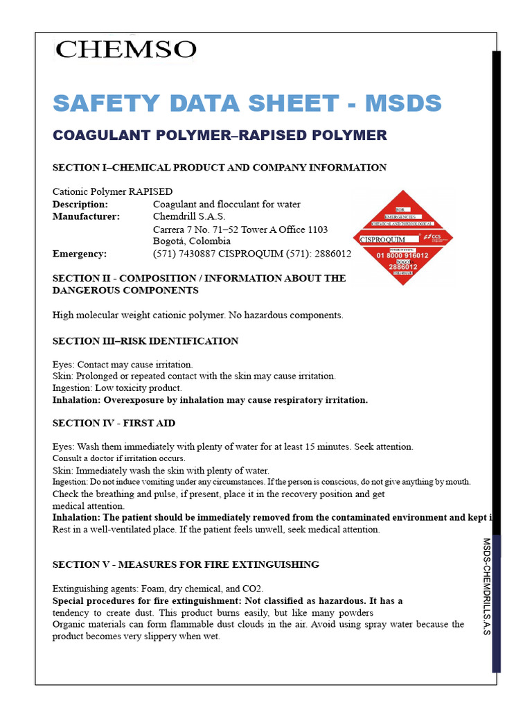 Cationic Polymer Safety Data Sheet | PDF | Waste | Water