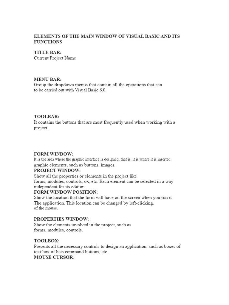 Visual Basic Main Window Elements Guide | PDF