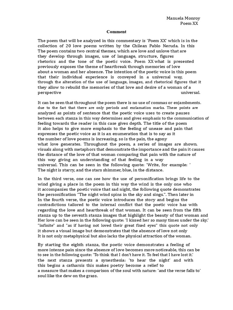 Commentary and Analysis of Poem XX Pablo Neruda | PDF | Poetry