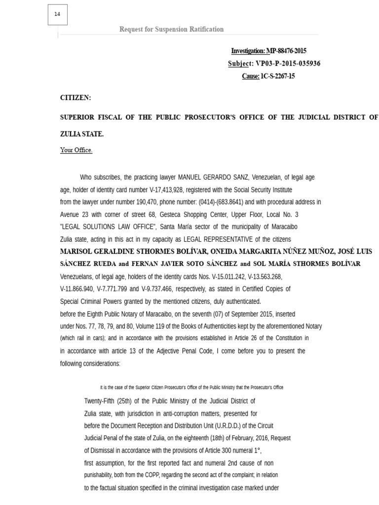 Written For The Superior Prosecutor's Office of The Public Ministry (Requesting The RATIFICATION ...