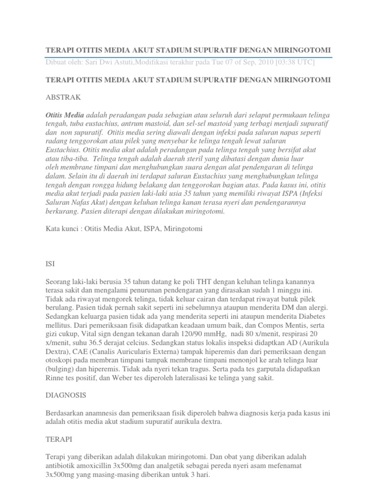 TERAPI OTITIS MEDIA AKUT DENGAN MIRINGOTOMI | PDF
