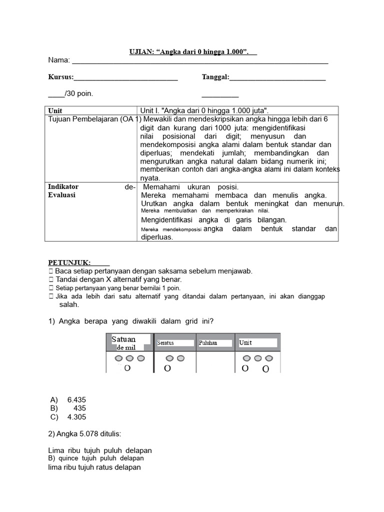 Ujian Angka 0-1.000 Juta dan Dekomposisi | PDF