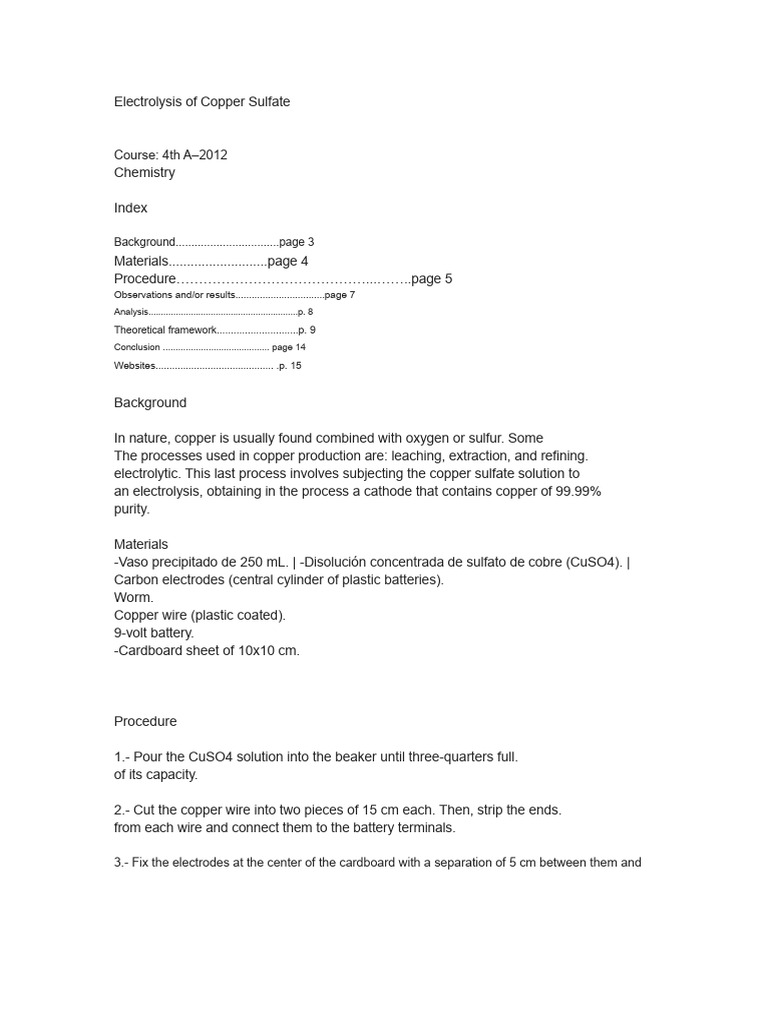 Electrolysis Experiment with Copper Sulfate | PDF | Redox | Electrode