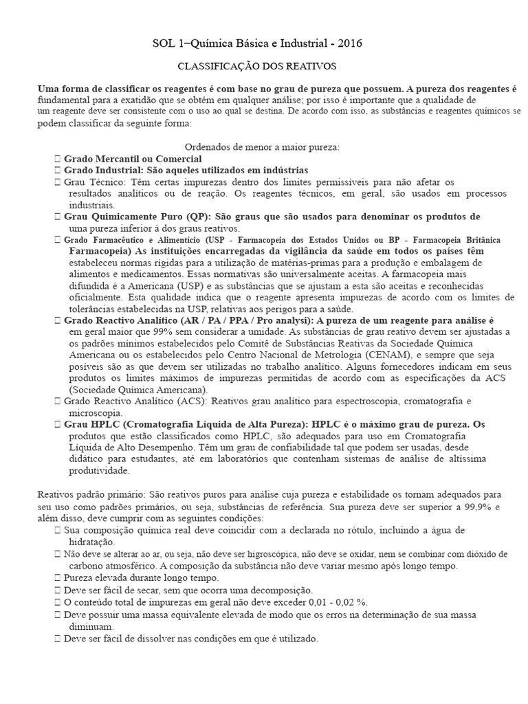 Classificação de Reativos Químicos | PDF | Química | Cromatografia ...