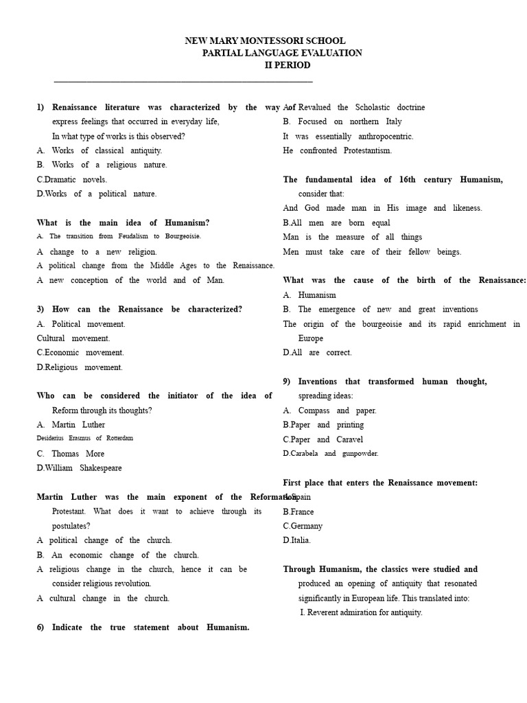 Partial Exam Language 10° II.P | PDF | Renaissance | Romanticism